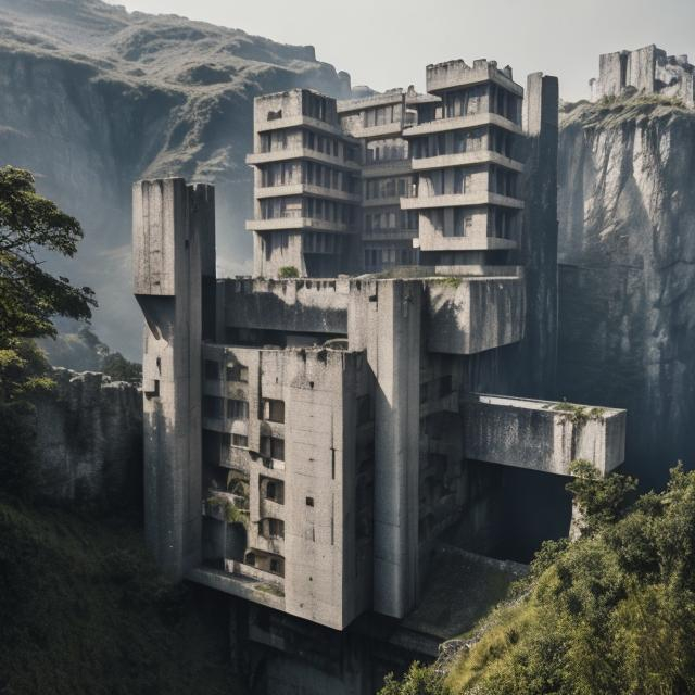 a castle on the edge of a waterfall, brutalist archi...
