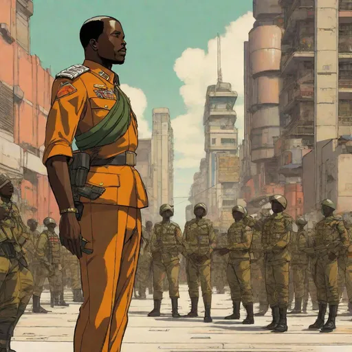 A stout, bald, black man wearing army fatigues enter...