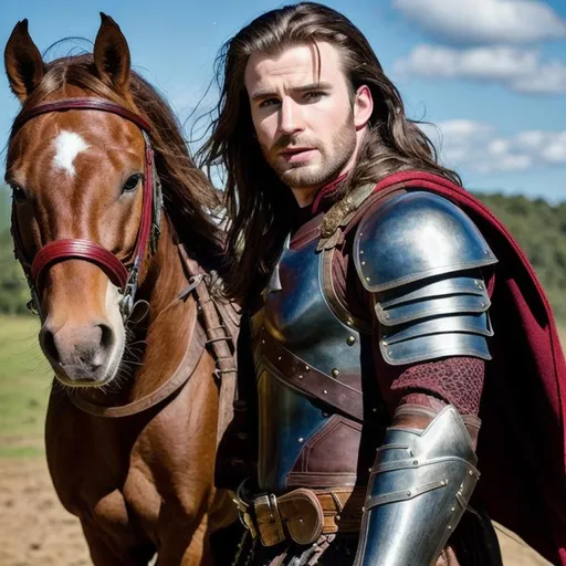 chris evans in warrior leather armor, with horse, ve... | OpenArt