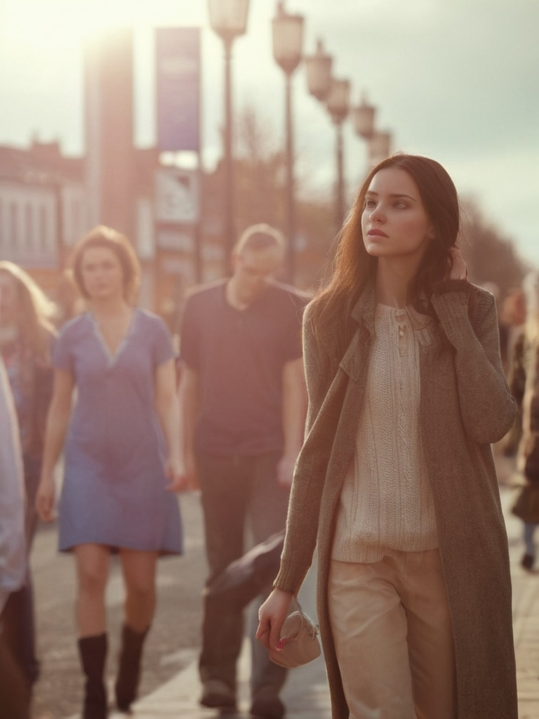 Tall young woman walking down the high street, detai...