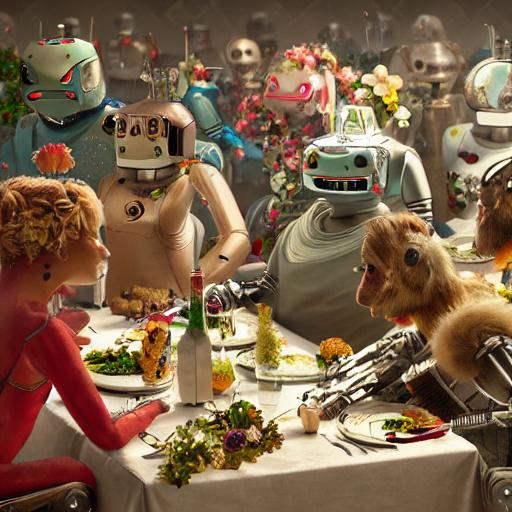 a table dinner of robots where robots are dressed li...