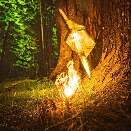 Burning sword lighting up night in forest hold by kn...
