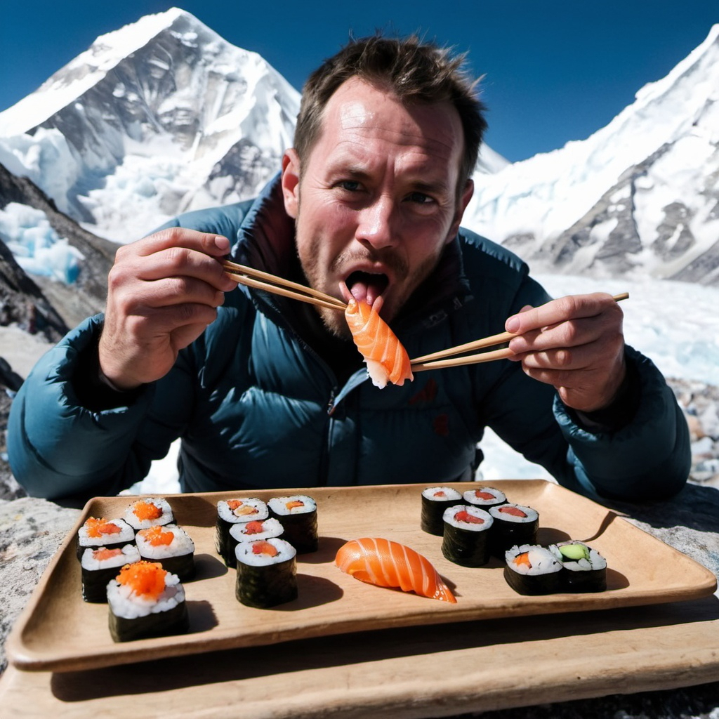Man eating sushi in mount everest