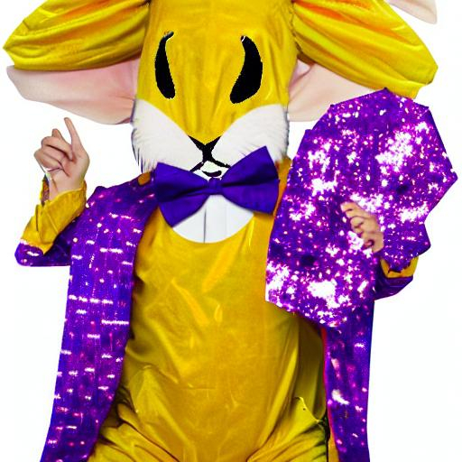 yellow rabbit costume with a purple bowtie pixelated