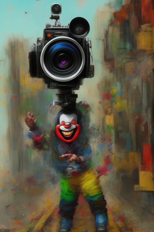 Ugly smiling clown holding big photographic camera.... | OpenArt