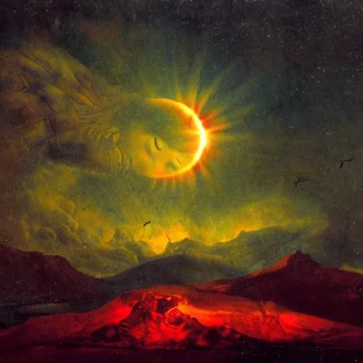 Hellscape mountains deep red clouds and a horned dem... | OpenArt