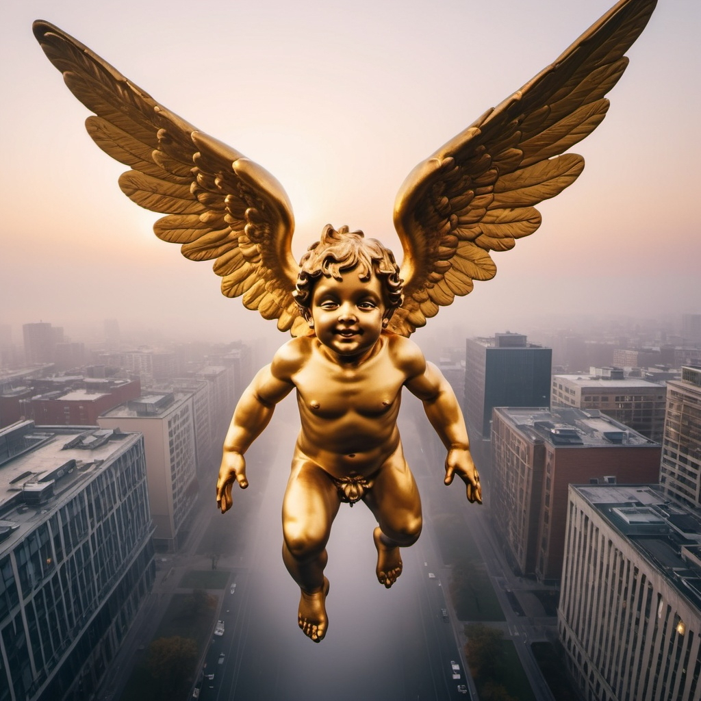 giant flying cherub peeing on the city below, overhe...