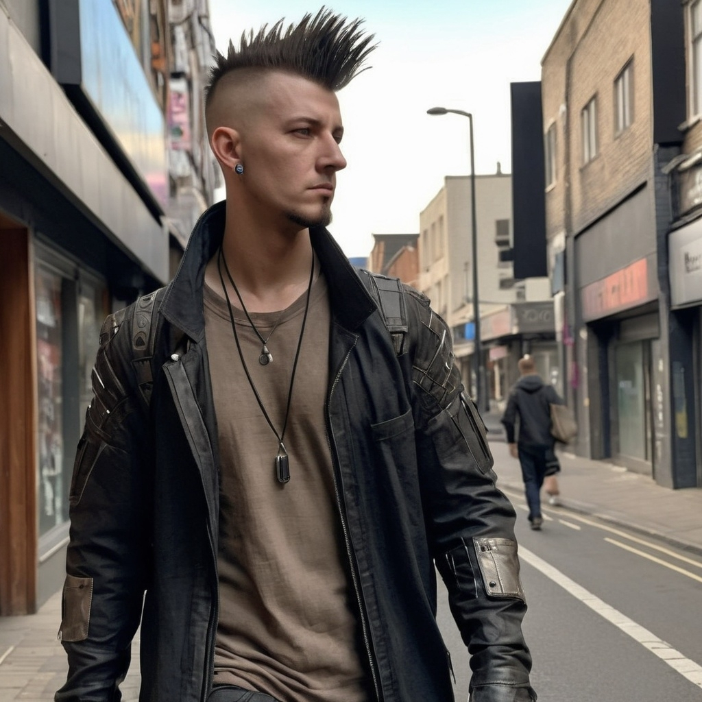 Tall young man walking down the high street, detaile...