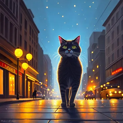 a pixar style painting of a cat walking down the str... | OpenArt