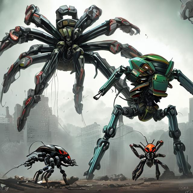 Giant spider mech fighting giant robotic beetle