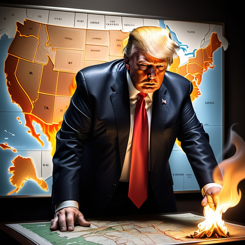 Donald Trump setting a map of the United States on f...