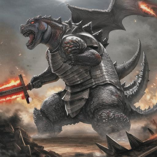 godzilla wearing full plate armour wielding a hammer | OpenArt