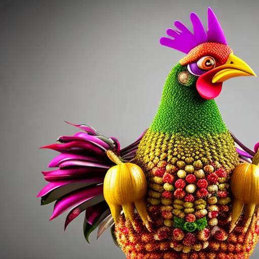 Render of a chicken made out of vegetables, intricat...