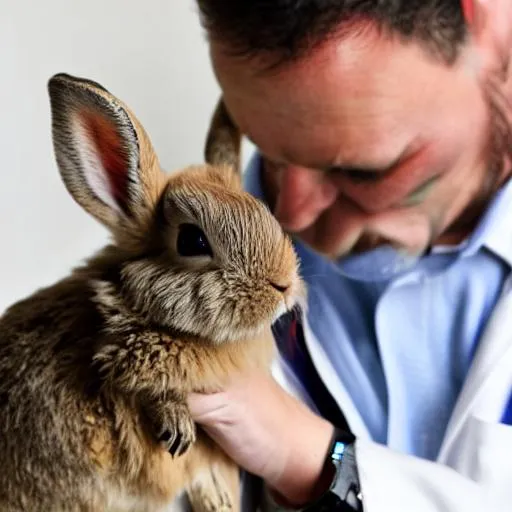 A picture of a scientist holding a bunny by its ears