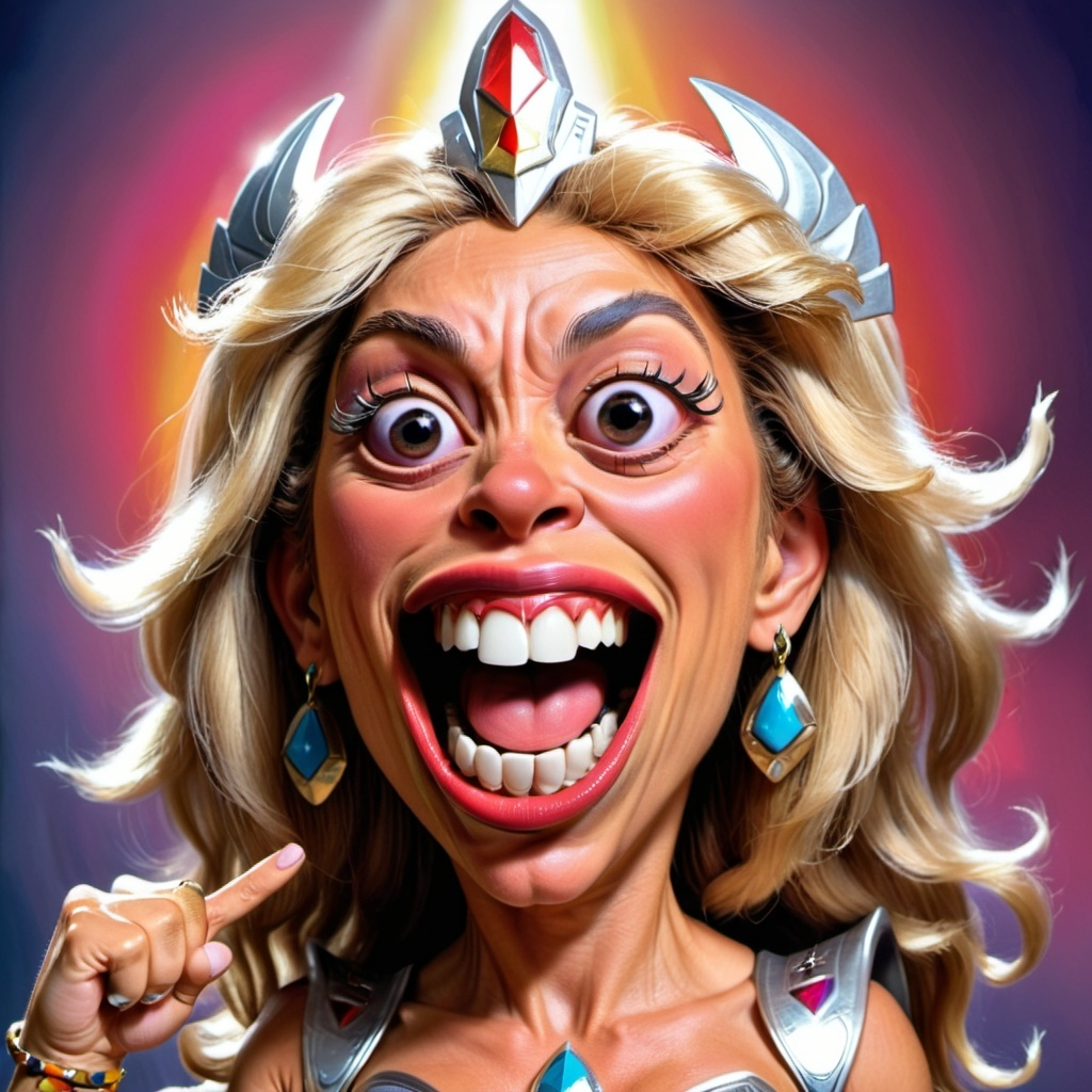 cartoon painted caricature of the she-ra with her mo...