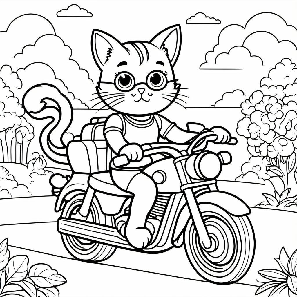 B&W coloring book page, Cat driving a motorcycle