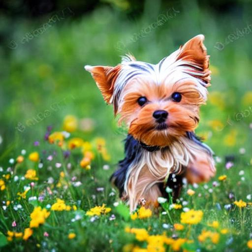 baby yorkie playing in a feild of flowers
