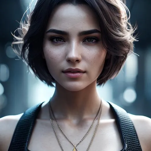 A portrait of women, face details, serious, wearing...