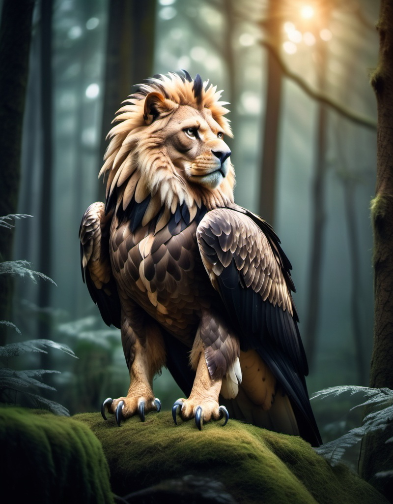 Eagle-lion hybrid in a mystical forest, animal hybri...