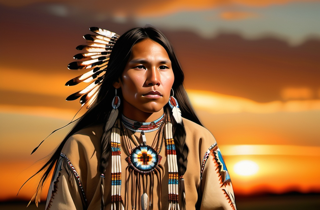 A beautiful Sioux Native American, adorned in intric...