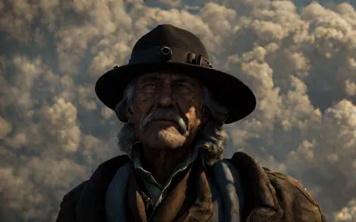 Old Man happy, photorealistic , Fallout 76 blue skys...