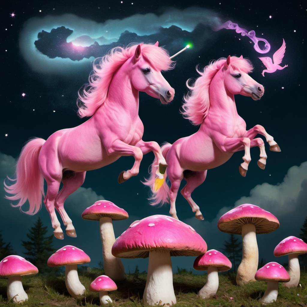 Magical pretty pink ponies jumping around on mushroo...