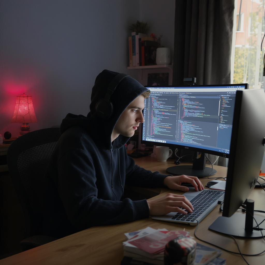 A young hacker, programmer alone in his room