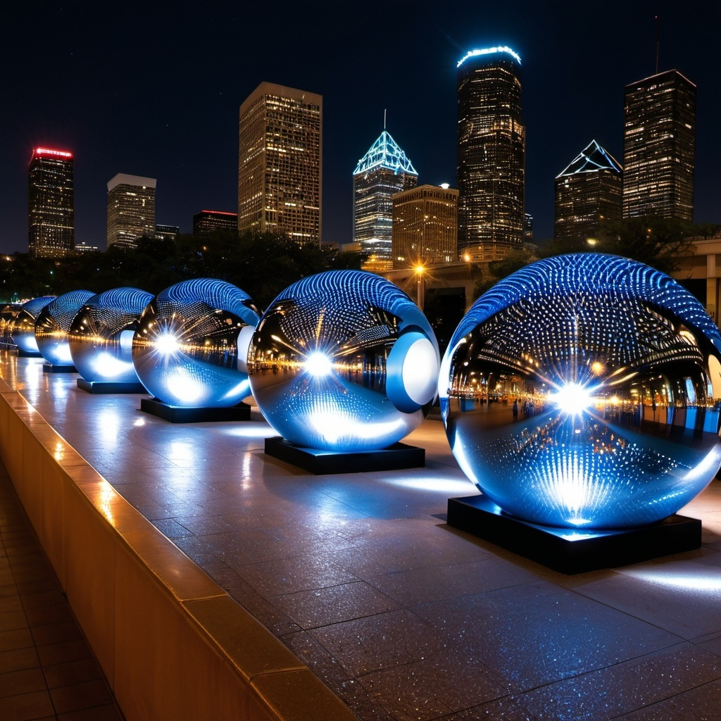 chrome sunlit spheres of light shine in the night Do...