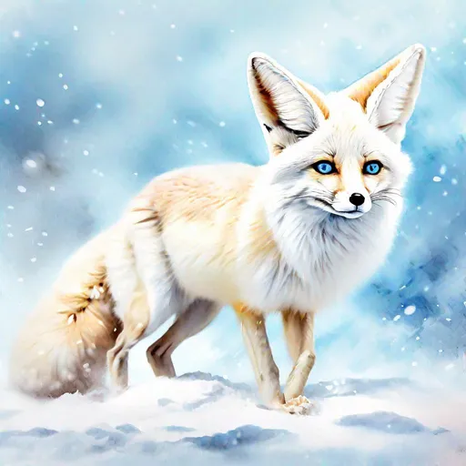 Arctic Fennec Fox, snow white fur, pale blue eyes, p...