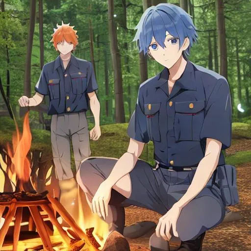Anime boy and his team, explorer uniform, camping, f...