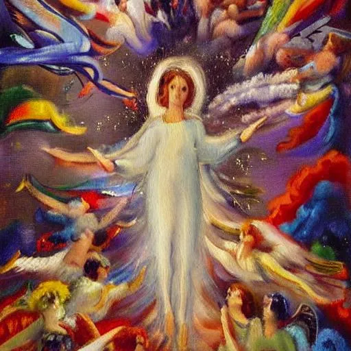 vision of 100 angels - a painting of an angel flying... | OpenArt