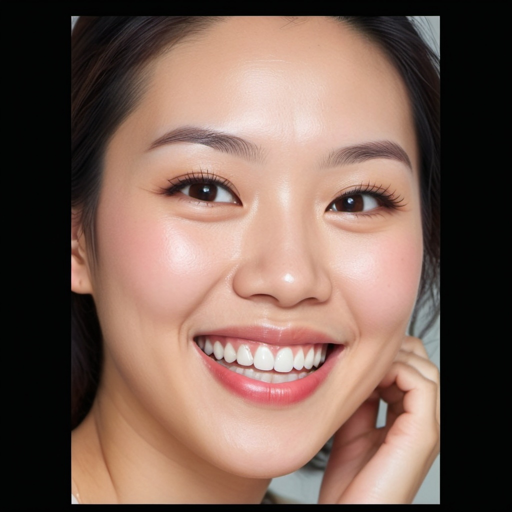 Create an image of an Asian female model who is smil...