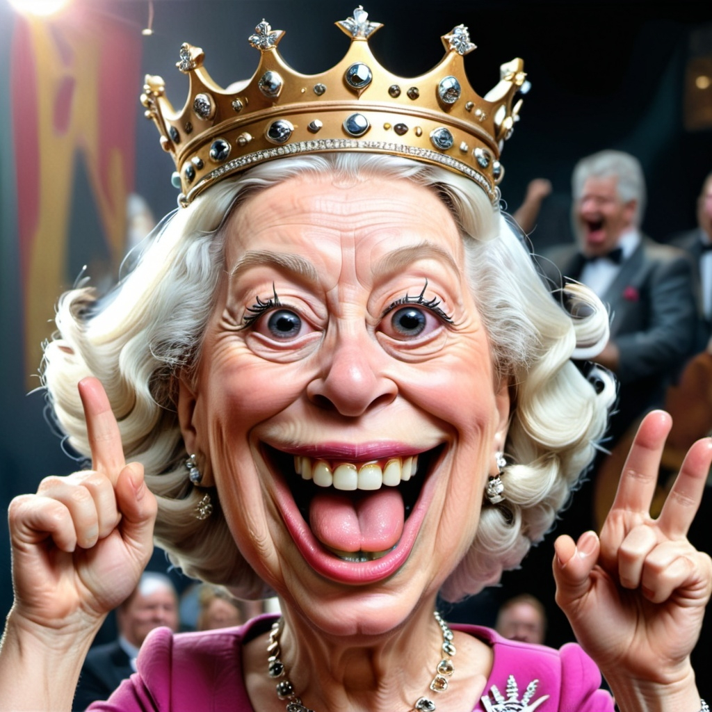 cartoon painted caricature of the queen with her mou...