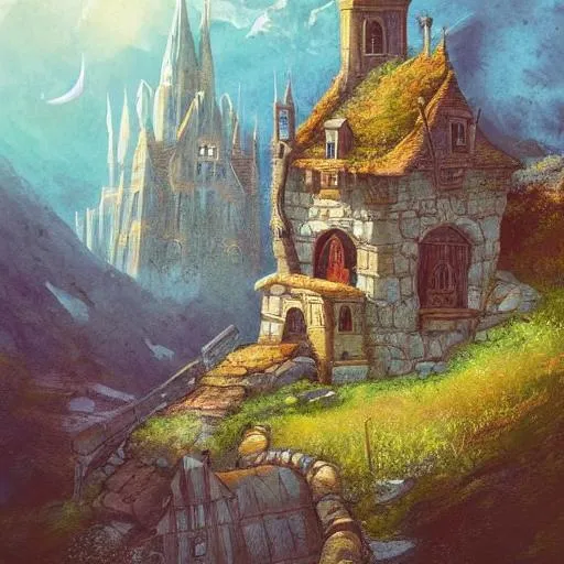 small witch house in a mountain cliff, over a mediev... | OpenArt