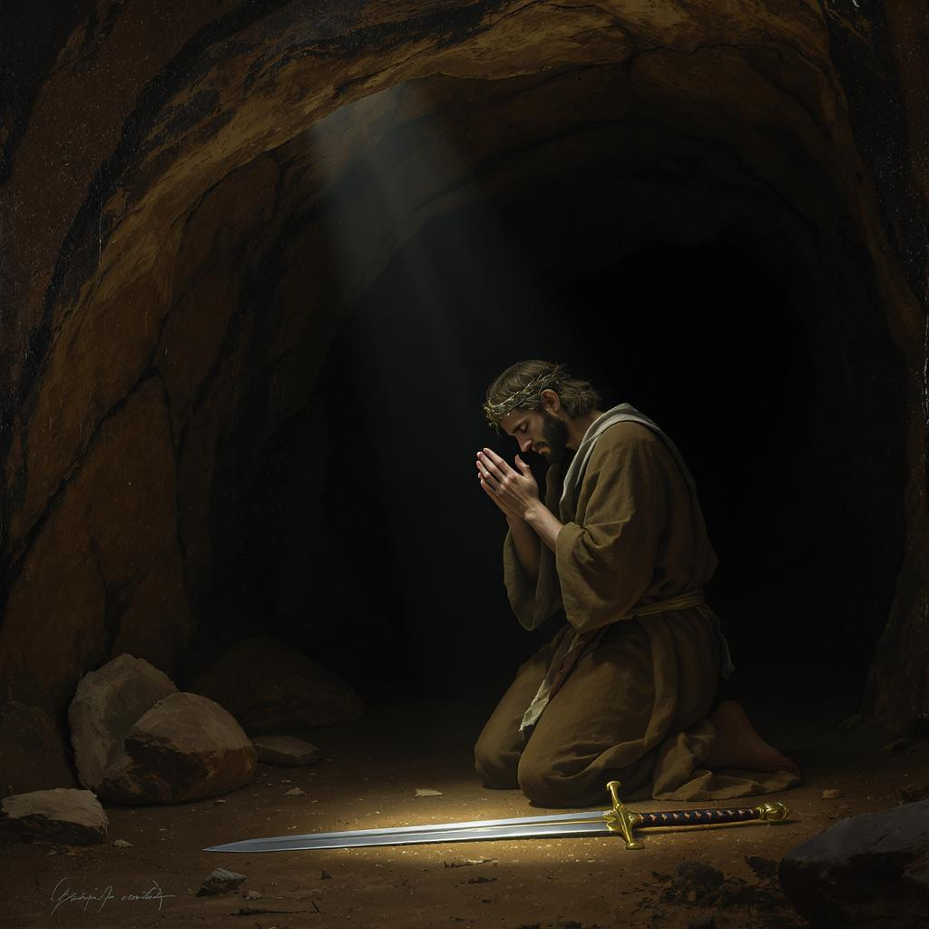 A young King David kneeling in prayer inside a dark...