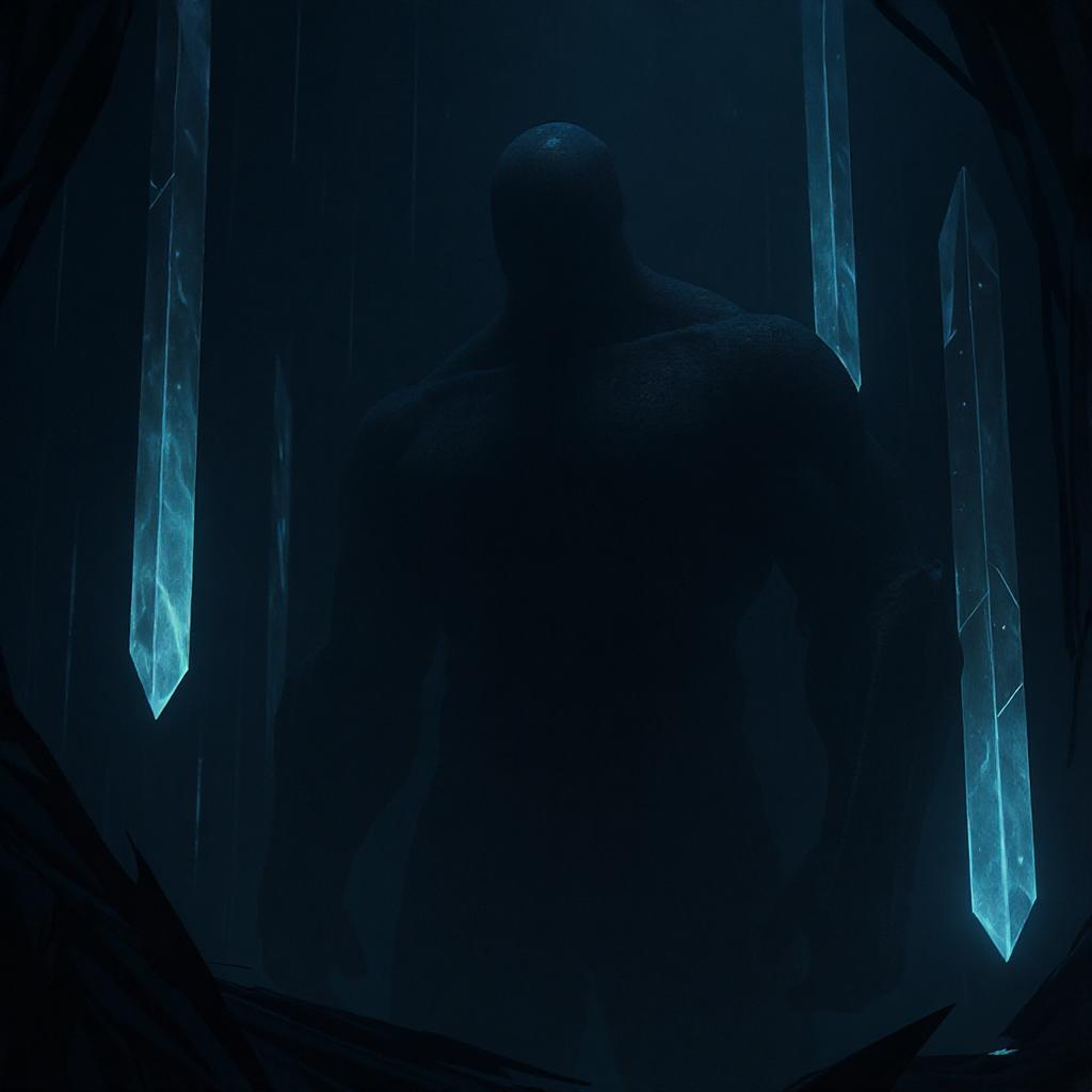 Emerging from a backdrop of deep shadows, a large, e...