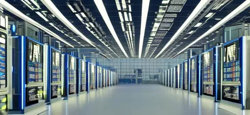 A blue-themed background with a large AI data center... | OpenArt