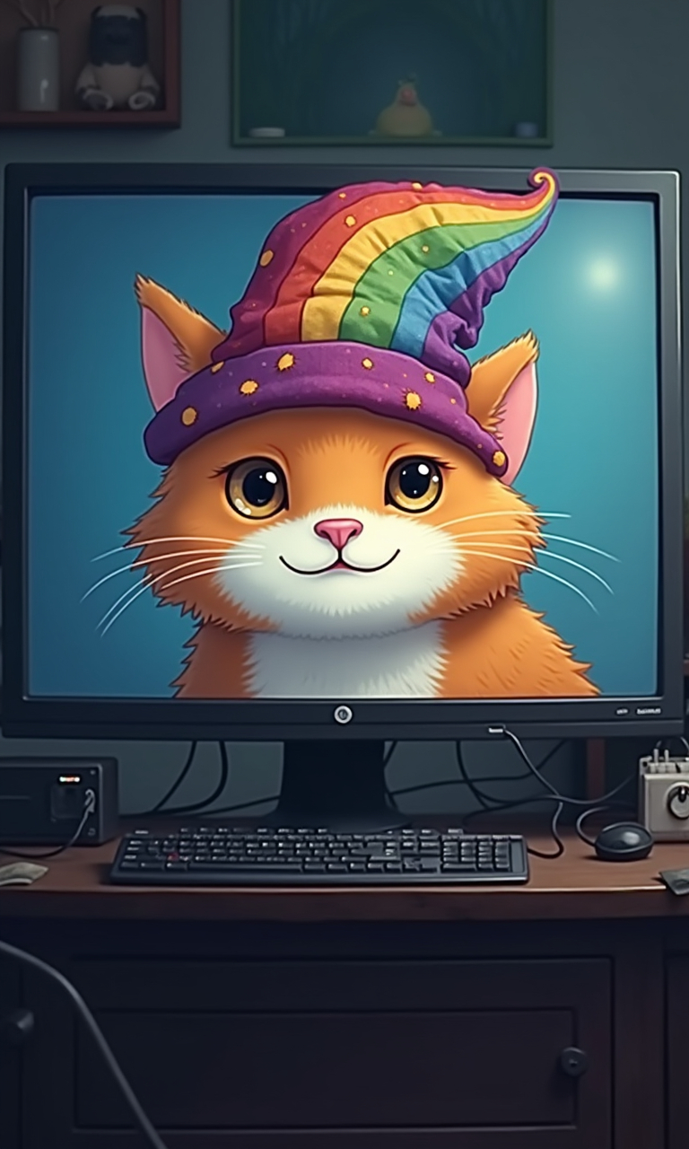 a computer screen with a picture of a cat on it's fa...