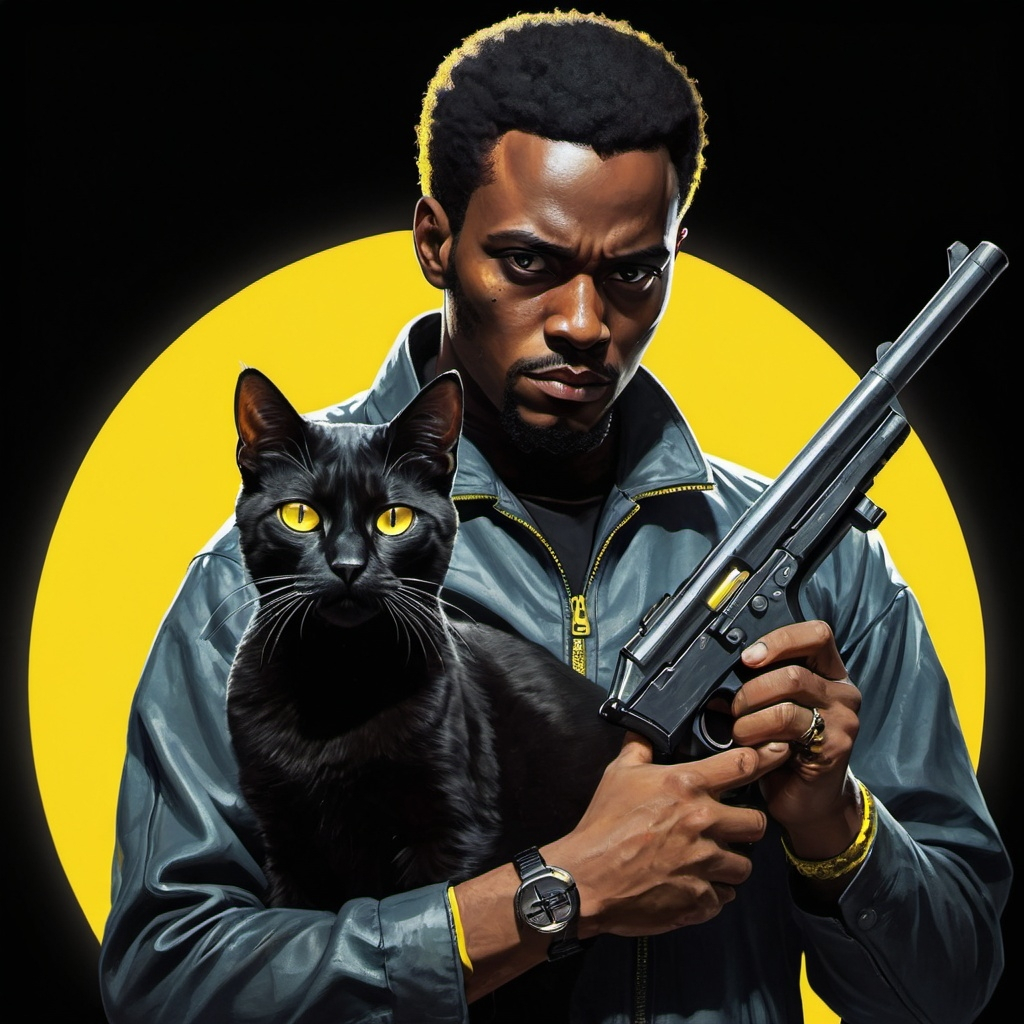 a man holding a gun in front of a black cat with a y...