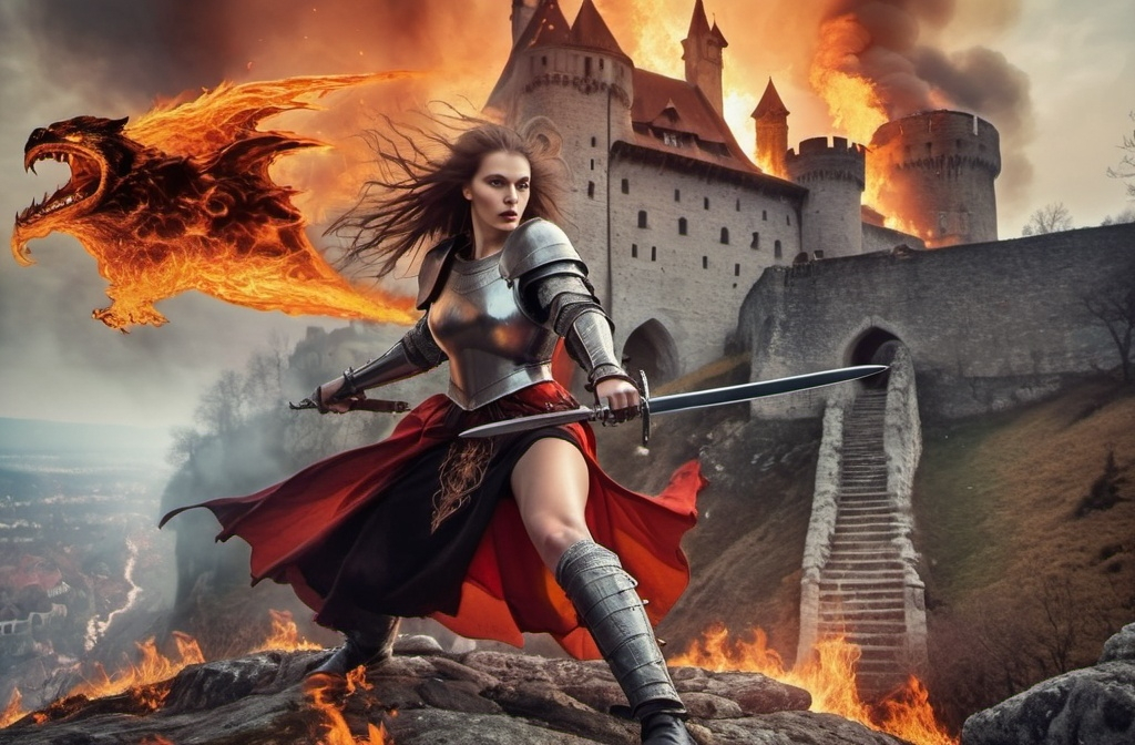 Mystical lady warrior in medieval battle above Dracu...