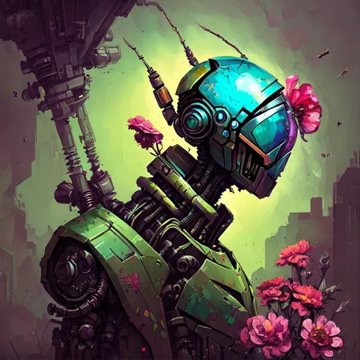 insect robot , cyberpunk colors, mechanical environ...