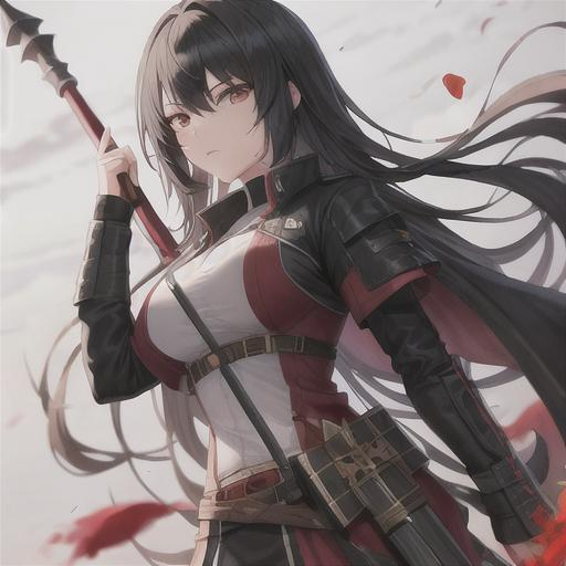 Female warrior, black hair, carrying halberd, bloody...