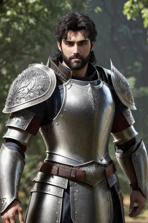 Full body of male warrior in armor, with black hair...