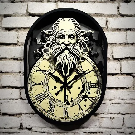 4 color stencil art of Father Time holding out a mel...