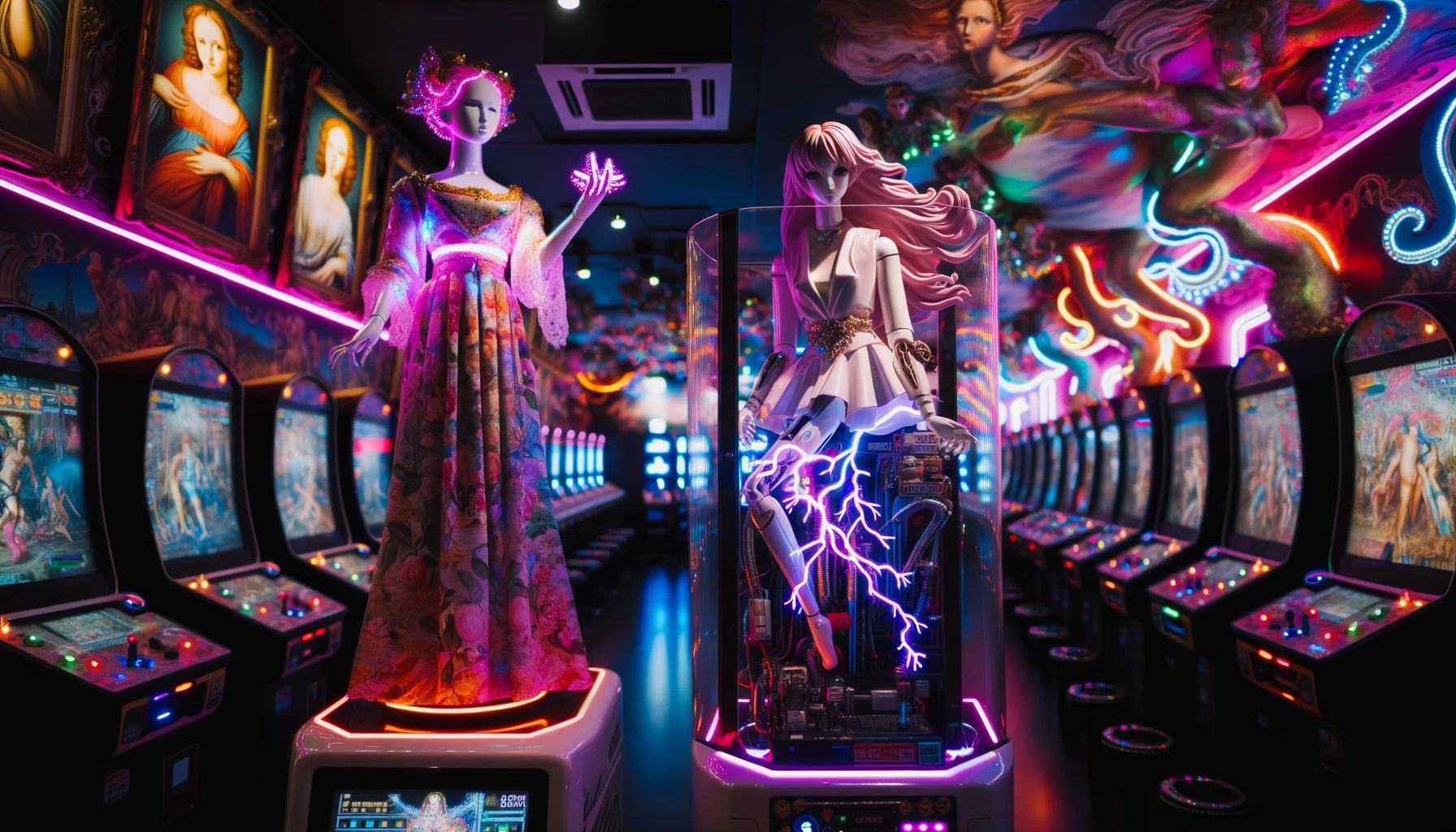 In a dimly lit gaming environment, electric dolls wi... | OpenArt