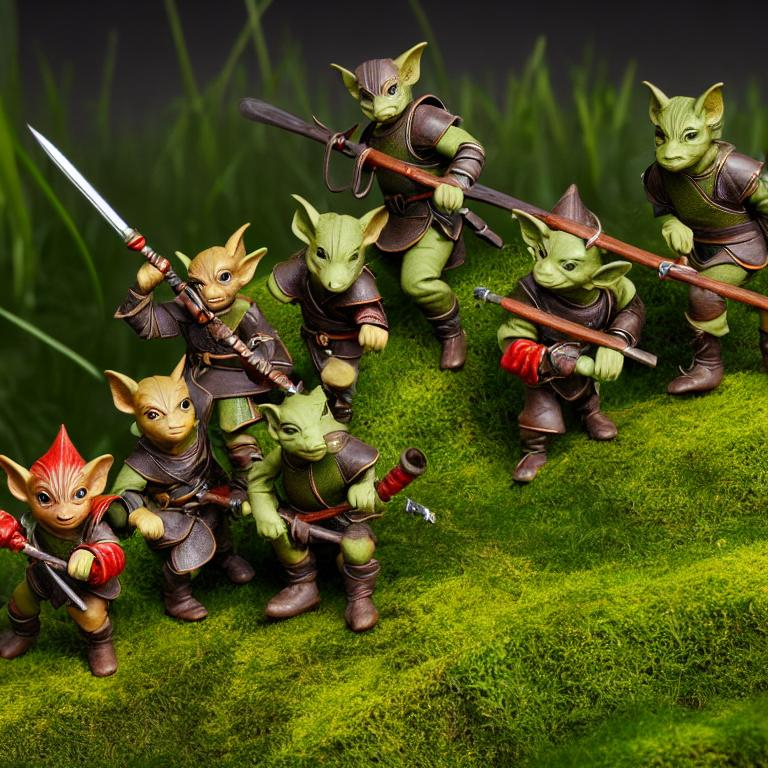 telephoto splash art of a group of small goblins hid... | OpenArt