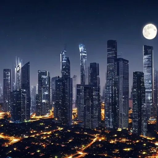 Moonlit Cityscape: Create a cityscape at night with...