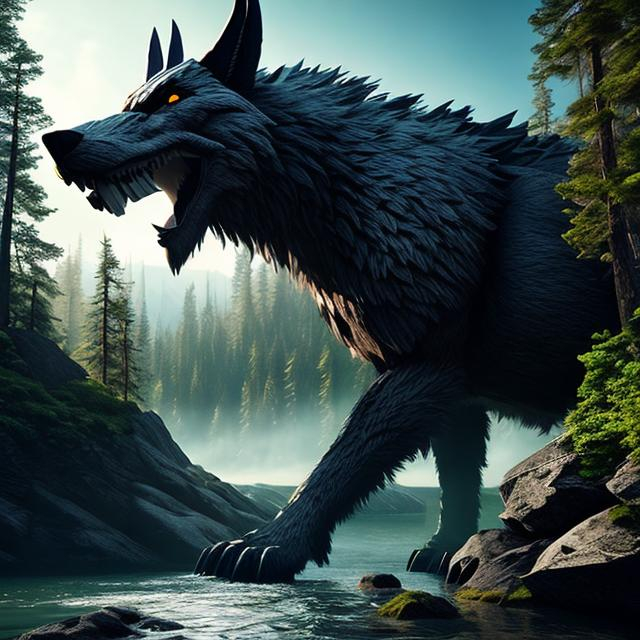 Colossal, behemoth wolf stands at the waters edge, t...