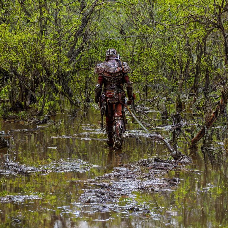 Ancient warrior in rusty armor walking in the swamp,... | OpenArt