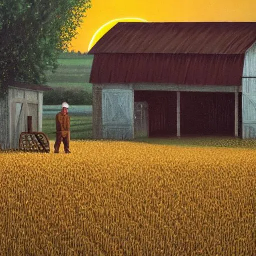 farm, barn, sun in background, crop field in backgro...